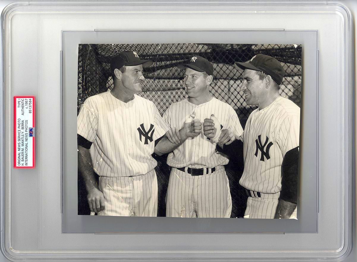 1957 Mickey Mantle Hank Bauer and Yogi Berra Original TYPE 1 photo PSA ...